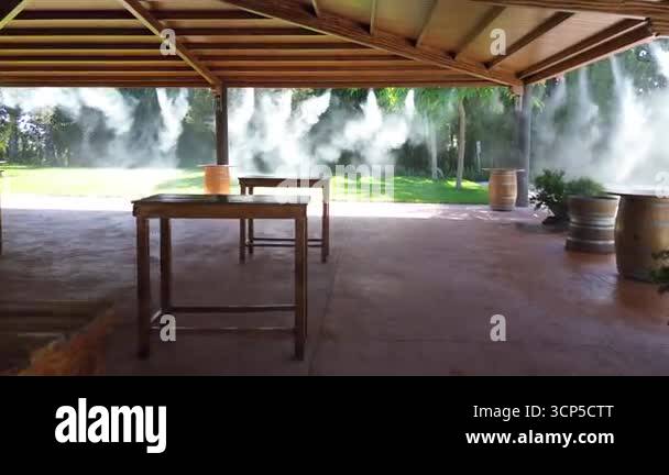 The video shows a tranquil outdoor patio with rustic tables under a ...