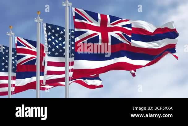 Hawaii state flags waving with the national flags of the United States ...