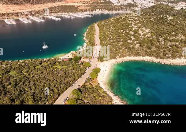A stunning aerial view of the coastal town of Ka in Turkey. Drone shots ...
