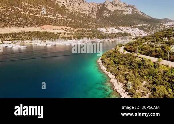 A stunning aerial view of the coastal town of Ka in Turkey. Drone shots ...