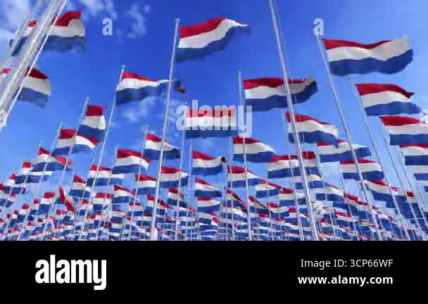 The Netherlands national flags waving against a blue sky, symbolizing ...