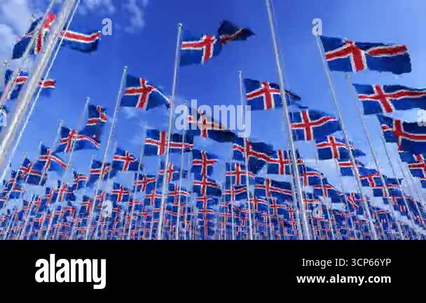 Iceland flags blowing in the wind on an sunny day. High resolution ...