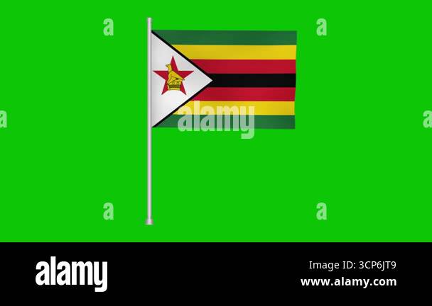 A zimbabwean flag is waving on a pole with a bright green backdrop ...