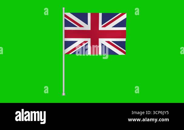 A union jack is waving on a pole. It is set against a green screen ...