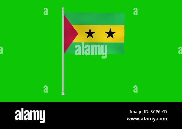 the sao tome and principe flag gently waves on a pole against a green ...