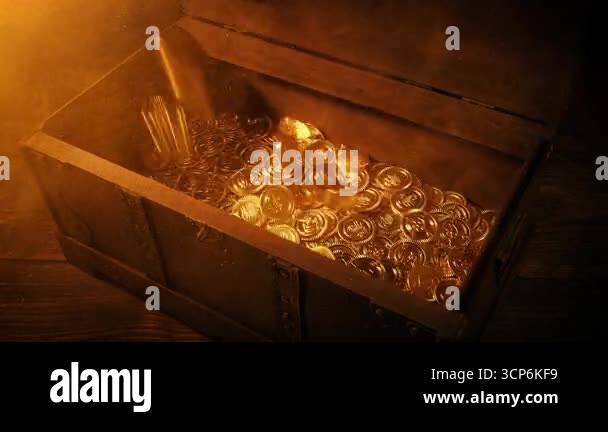 Gold Coins Pour Into Chest In Dusty Sun Glow Fantasy Scene Stock Video ...