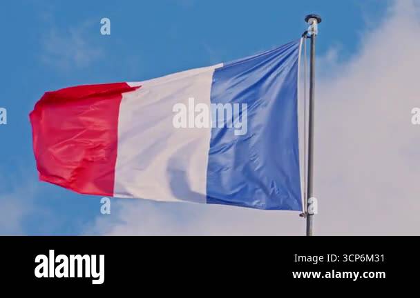Flag France waving on a metal flagpole, against the background of light ...