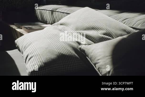 An intimate corner capturing the sunlit coziness on a textured couch ...