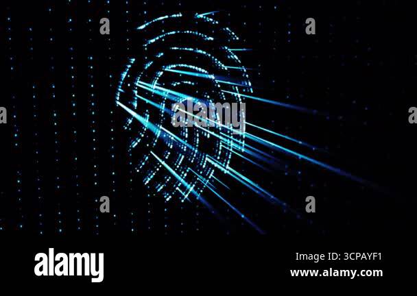A holographic projection of a glowing blue fingerprint made of floating ...