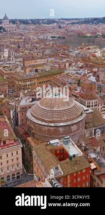 Pantheon facade in Rome, Italy, aerial descending on the ancient ...