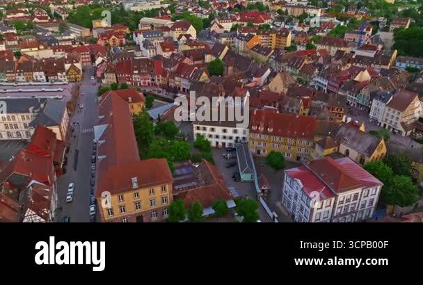 Aerial view of picturesque historic town of Colmar in the Alsace region ...