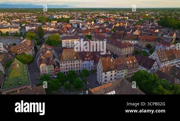 Aerial view of picturesque historic town of Colmar in the Alsace region ...