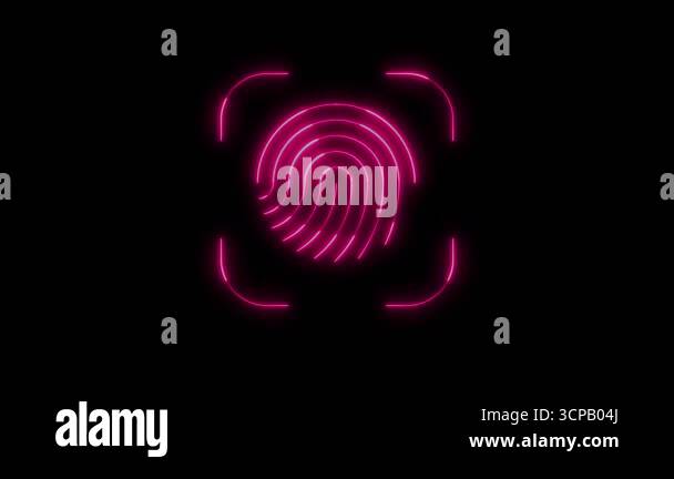This looping motion graphic shows a glowing neon pink fingerprint ...