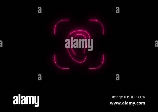 Vibrant neon animation of a glowing pink ear inside a scanning frame ...