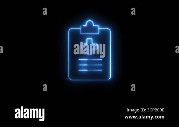 Abstract neon blue line animation of a medical clipboard with a cross ...