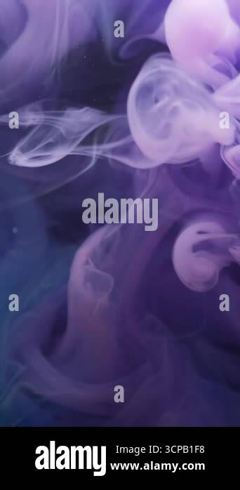 Vertical video. Color vapor. Haze flow. Blue violet gray smoke spill ink soft stream pour water ...