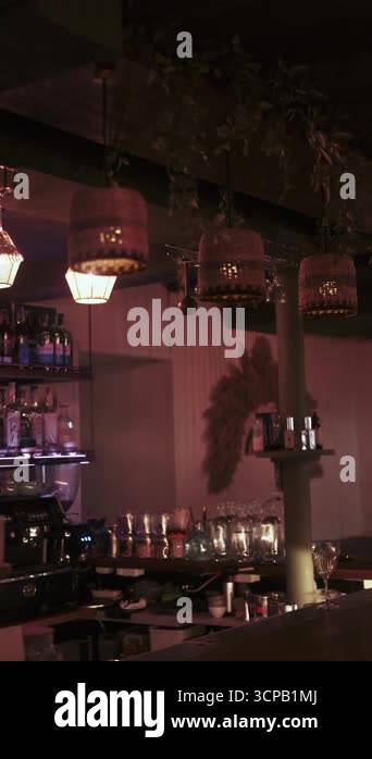 Vertical video. Pub interior. Restaurant light. Illuminated bar counter ...