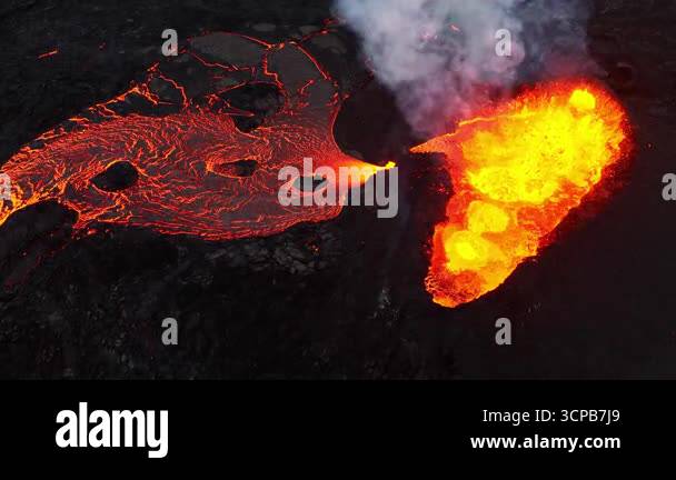 Lava River, Birds Eye View of Volcanic Eruption, Magma River in Iceland ...