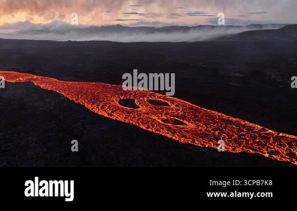 Lava River, Birds Eye View of Volcanic Eruption, Magma River in Iceland ...