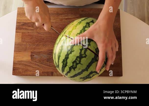 In a bright kitchen, a woman expertly slices a large watermelon into ...