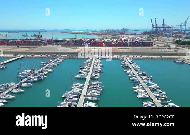 Aerial drone view of Marina Valencia with boats, yachts, and waterfront ...