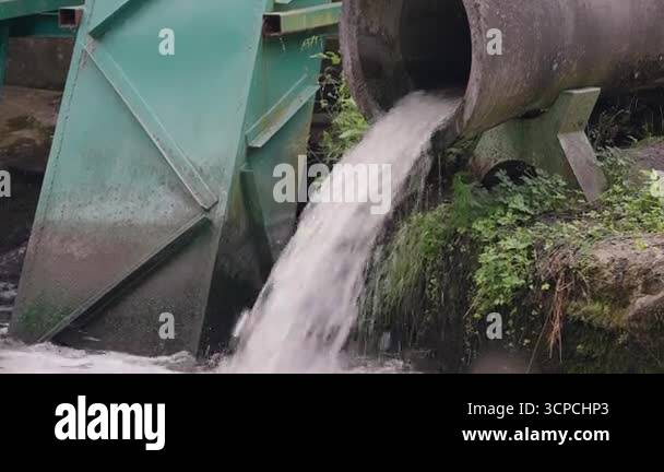 Strong stream of water pours from a large concrete pipe next to green ...