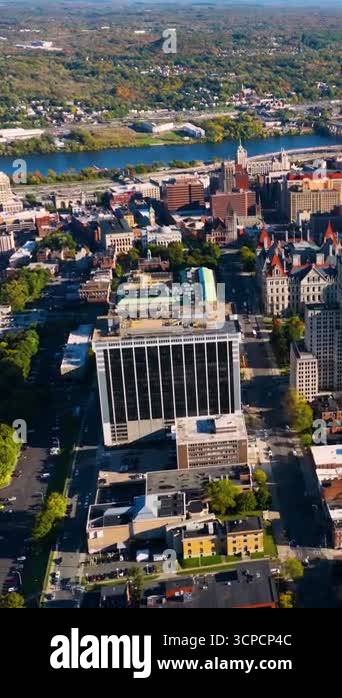 Aerial view of the city of Albany, NY in autumn. Top view of downtown ...