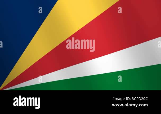 Waving national flag of Seychelles. Five oblique bands of blue, yellow ...