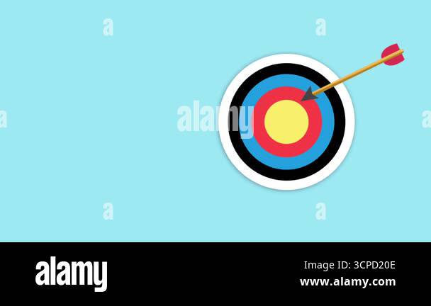 A flat 2D animation of three arrows flying and hitting a bullseye ...