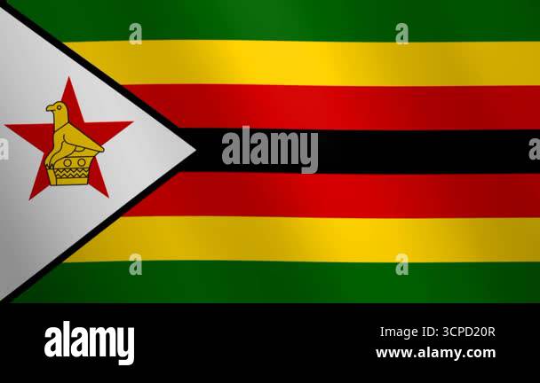 Waving national flag of Zimbabwe. Colorful stripes and a white triangle ...