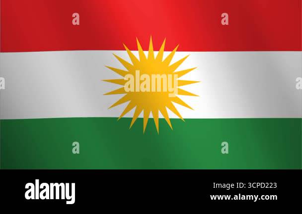Waving flag of Kurdistan. Red, white, and green stripes with a central ...