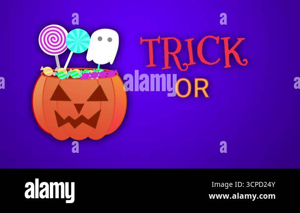 An animated Jack-o'-lantern holding candy and a ghost with "Trick or ...