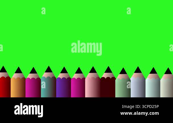 Animated colored pencils appear in a row at the bottom of a green ...