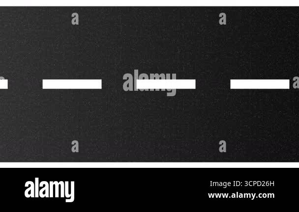 Animation of a road surface with white dotted lines moving from a top perspective. Textured ...