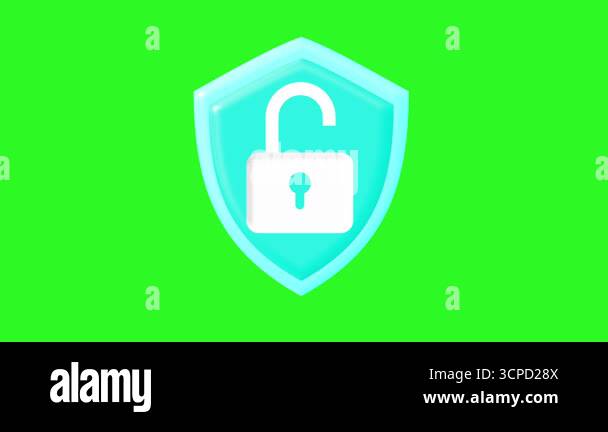 Animated 3D shield icon with a padlock locking and unlocking. Glossy ...