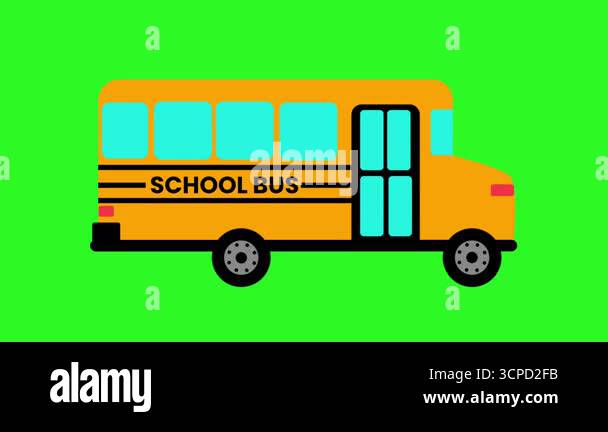 Animated yellow school bus with spinning wheels. 2D flat graphic ...