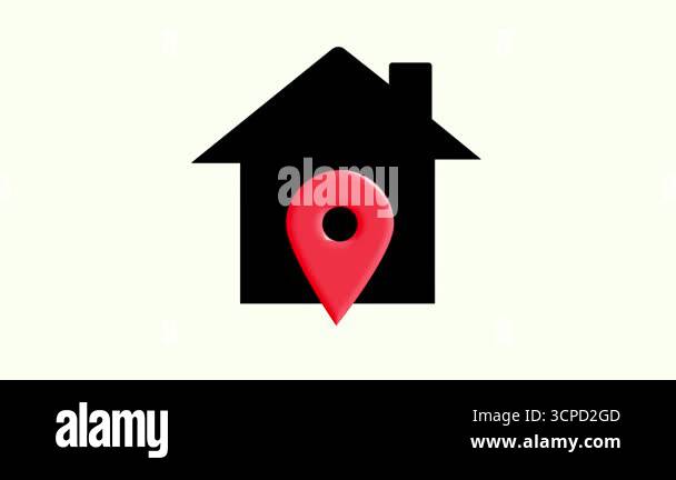 Home location icon animation. A 3D red map pin on a black house ...