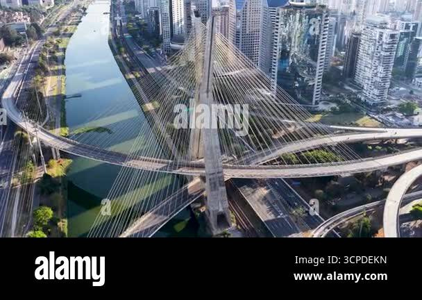 Cable Stayed Bridge At Sao Paulo In Brazil. Downtown Cityscape. Traffic ...