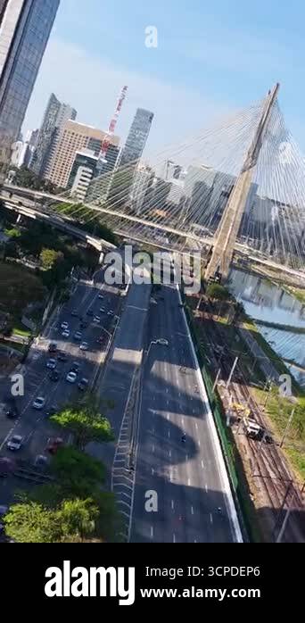 Cable Stayed Bridge At Sao Paulo In Brazil. Downtown Cityscape. Traffic ...