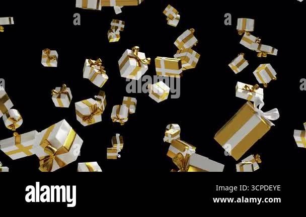 Falling white and gold gift boxes with ribbons and bows. 3D animation ...