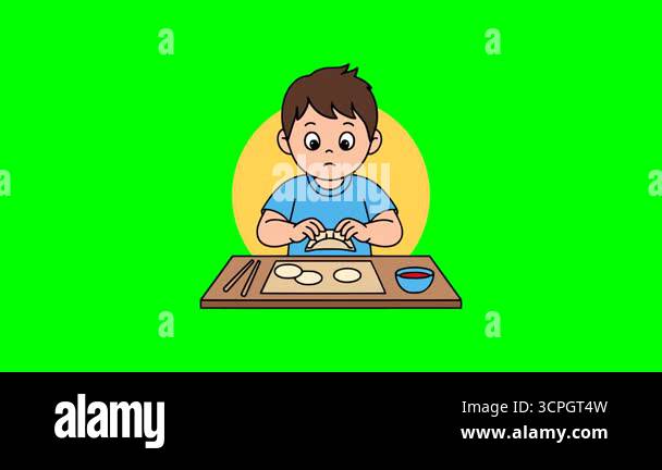 Cartoon vector drawing of young boy learning to cook dumplings, holding ...