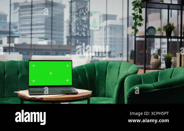 Luxurious CEO office with chroma key mockup on laptop screen, space ...