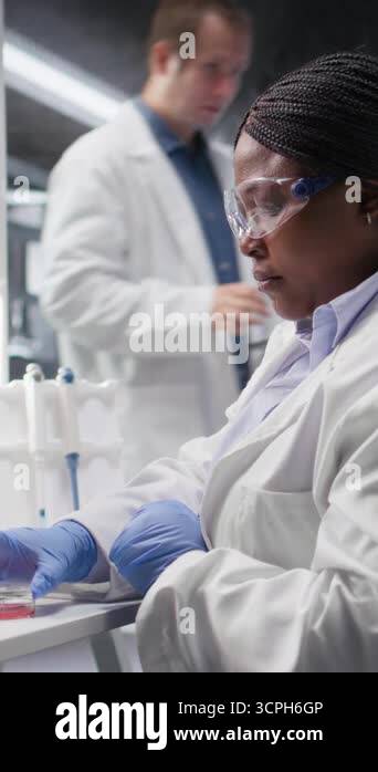 Vertical Video Researcher inspects Petri dish with magnifying glass ...