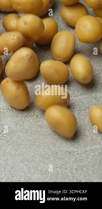Scattering of fresh whole unpeeled potatoes on a stone background ...