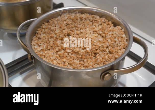 Pot of buckwheat porridge is on gas stove. Cooking. Boiled buckwheat ...