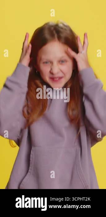 Irritated angry preteen child girl kid scream from stress tension ...