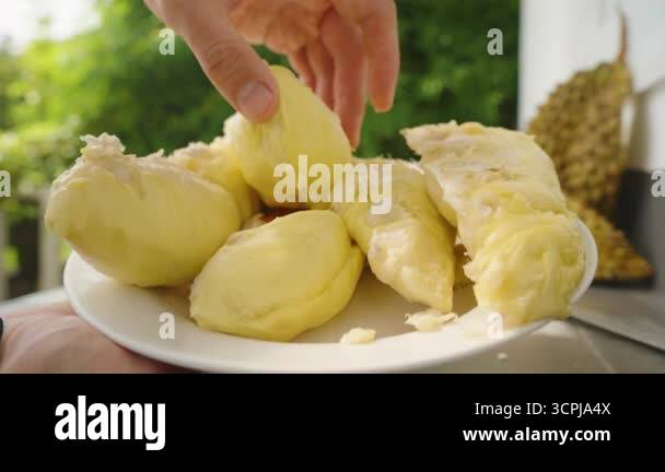 Hand Picking Up One Yellow Durian Segment From White Plate Full of ...