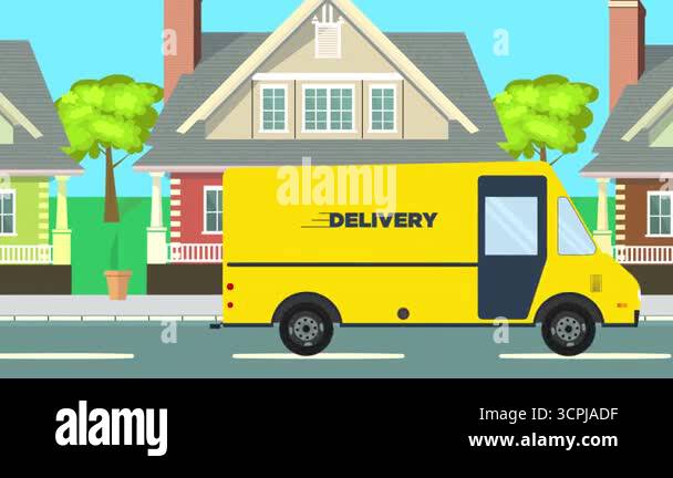 Delivery Truck Dropping Box at House 2D Animation of Package Delivery ...