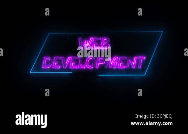 Animated neon web development sign glowing purple blue for digital software programming loop ...