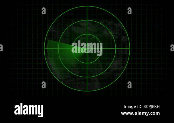 Animated futuristic radar display. Green screen blip detection system ...
